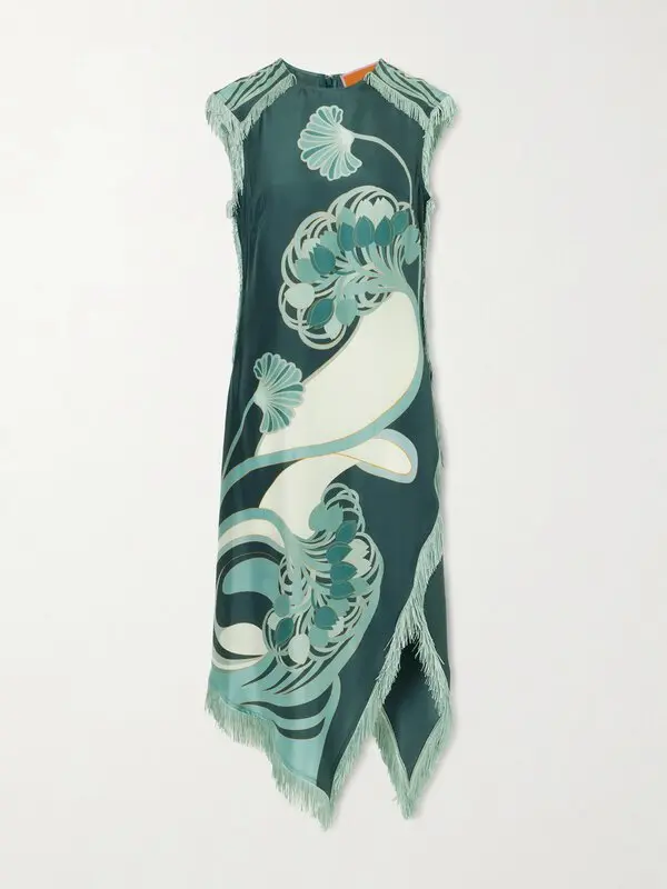 La DoubleJ Fringed Printed Silk-satin Midi Dress - Blue