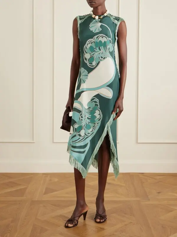 La DoubleJ Fringed Printed Silk-satin Midi Dress