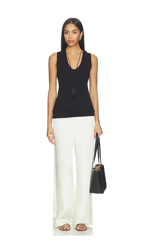 Enza Costa Textured Rib Sleeveless U Top - Black