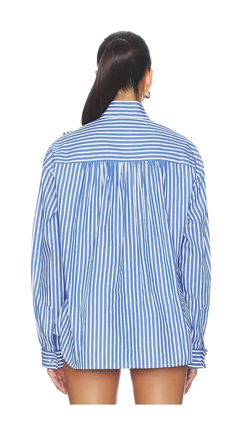 AKNVAS Flor Poplin Deep Stripe Shirt With One Rose Applique - Blue