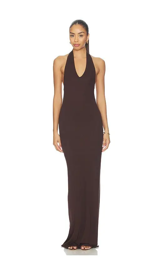 Enza Costa Silk Rib U-neck Halter Fluid Maxi Dress - Chocolate