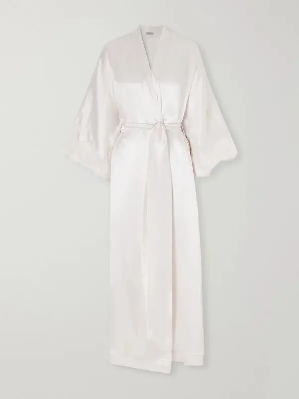 Carine Gilson Belted Lace-trimmed Silk-satin Robe - Neutrals