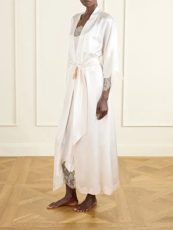 Carine Gilson Belted Lace-trimmed Silk-satin Robe