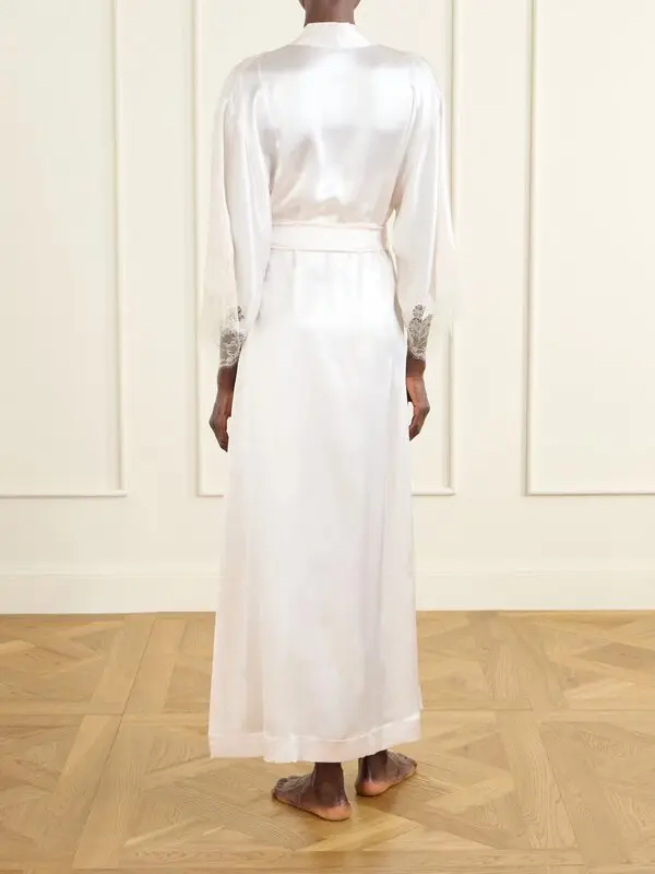 Carine Gilson Belted Lace-trimmed Silk-satin Robe