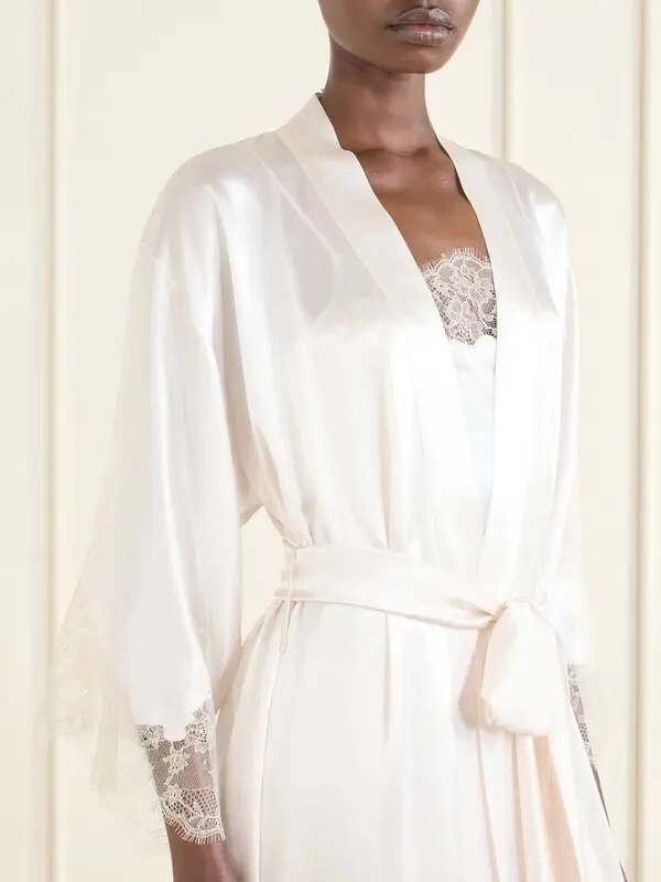 Carine Gilson Belted Lace-trimmed Silk-satin Robe