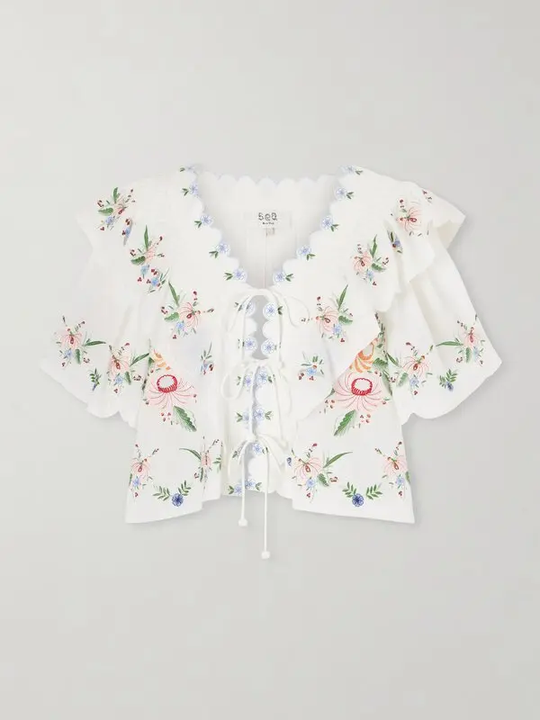 Sea Serafina Ruffled Embroidered Blouse - Neutrals