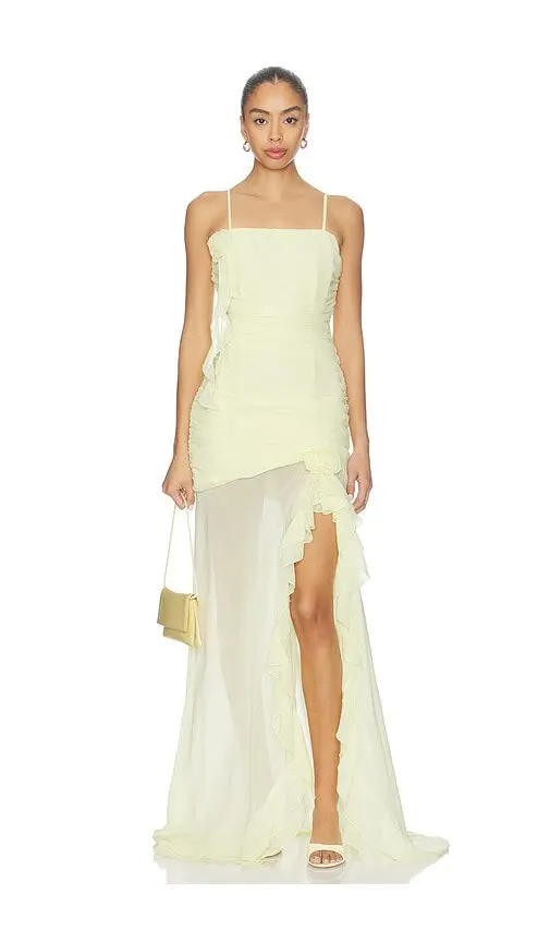 RUNAWAY THE LABEL Ruched Frill Trim Maxi Dress - Lemon