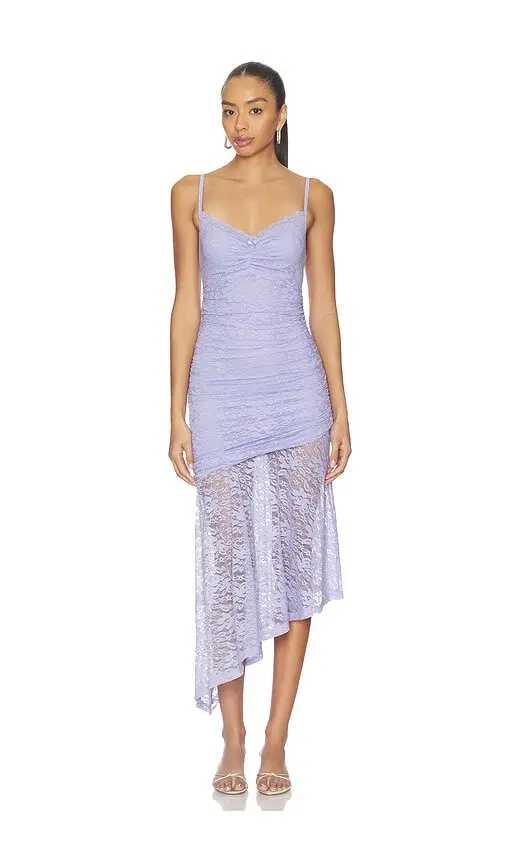 RUNAWAY THE LABEL Asymmetrical Hem Midi Dress With Ruched Detailing - Lavender