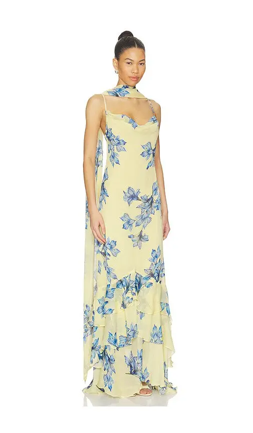 Rococo Sand Cowl Maxi Dress With Sash - Lemon,blue