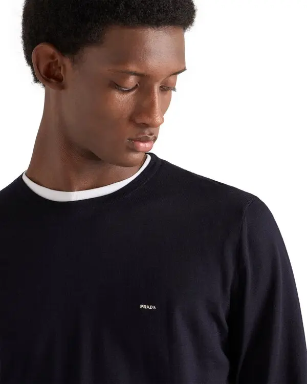 Prada Superfine Wool Crew-neck Sweater - Navy