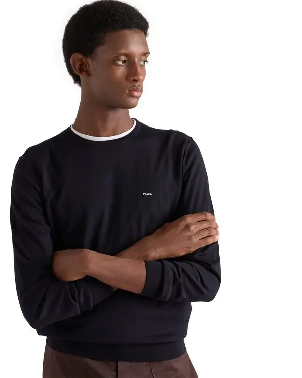 Prada Superfine Wool Crew-neck Sweater - Navy