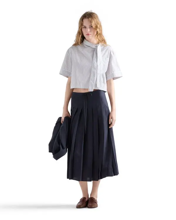 Prada Pleated Silk Midi Skirt With Drawstring Detail - Navy