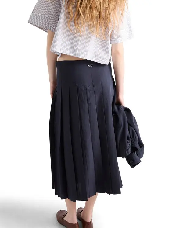 Prada Pleated Silk Midi Skirt With Drawstring Detail - Navy