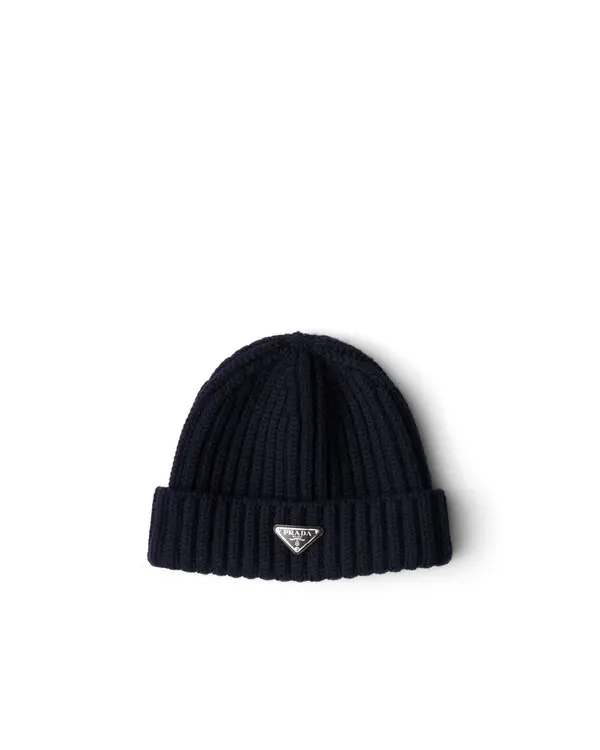 Prada Ribbed Wool Beanie - Navy