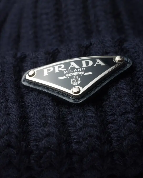 Prada Ribbed Wool Beanie - Navy
