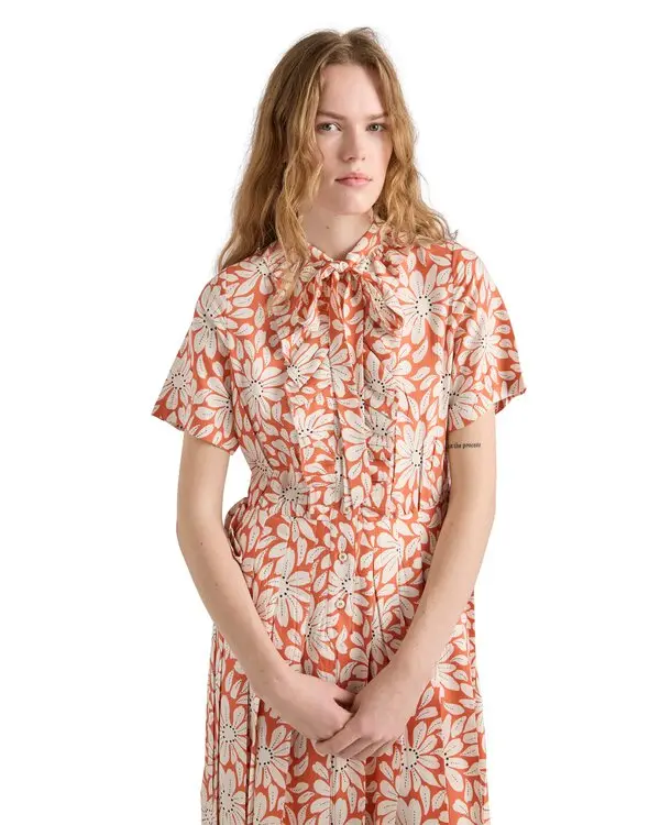 Prada Printed Pleated Pongé Shirtdress - Copper