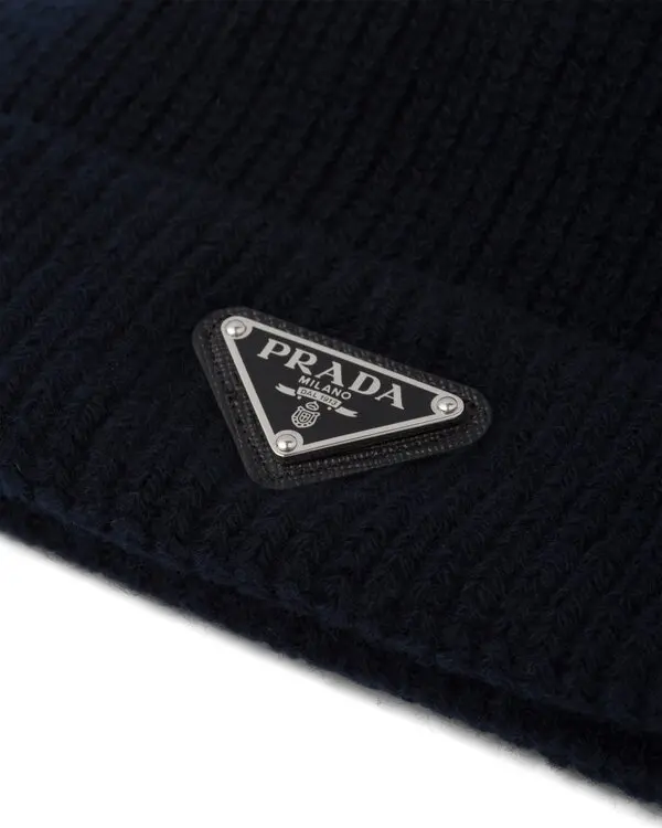 Prada Wool And Cashmere Beanie With Enamelled Triangle Logo - Blue