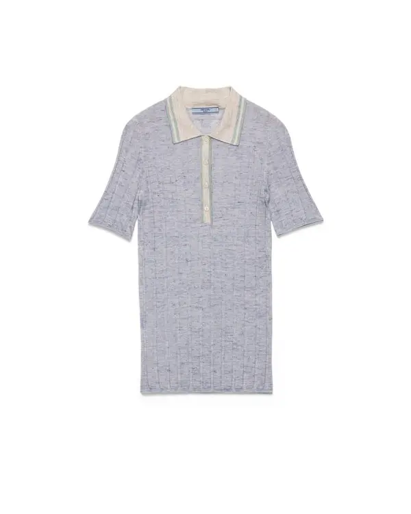 Prada Ribbed Knit Polo Shirt With Knit Triangle Logo