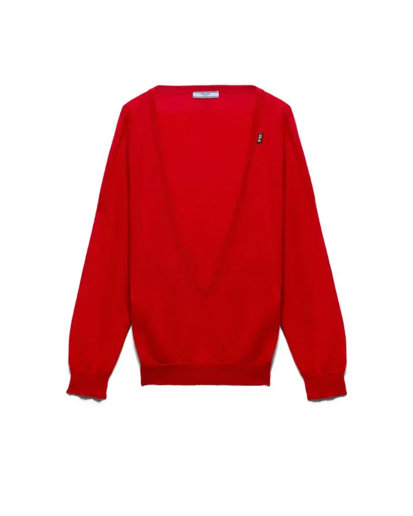 Prada Cashmere V-neck Sweater With Ribbed Trim - Red