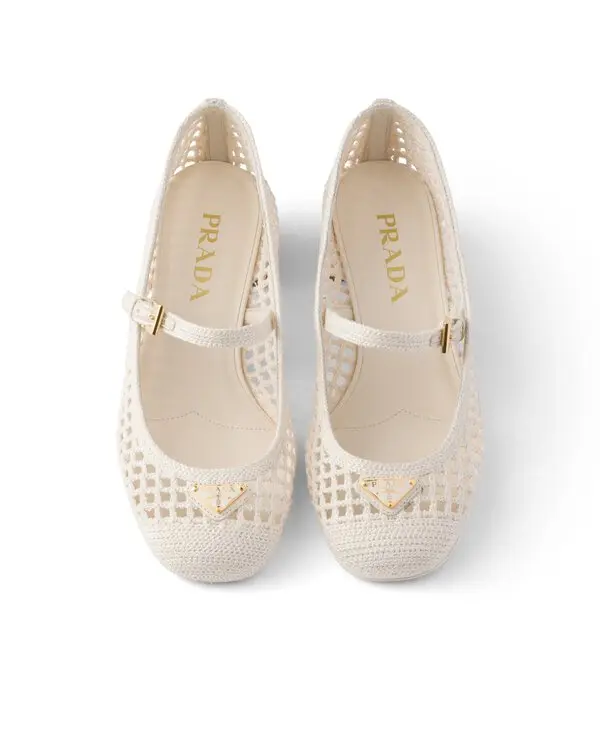 Prada Crochet Mary Jane Pumps With Buckle Detail - Ivory