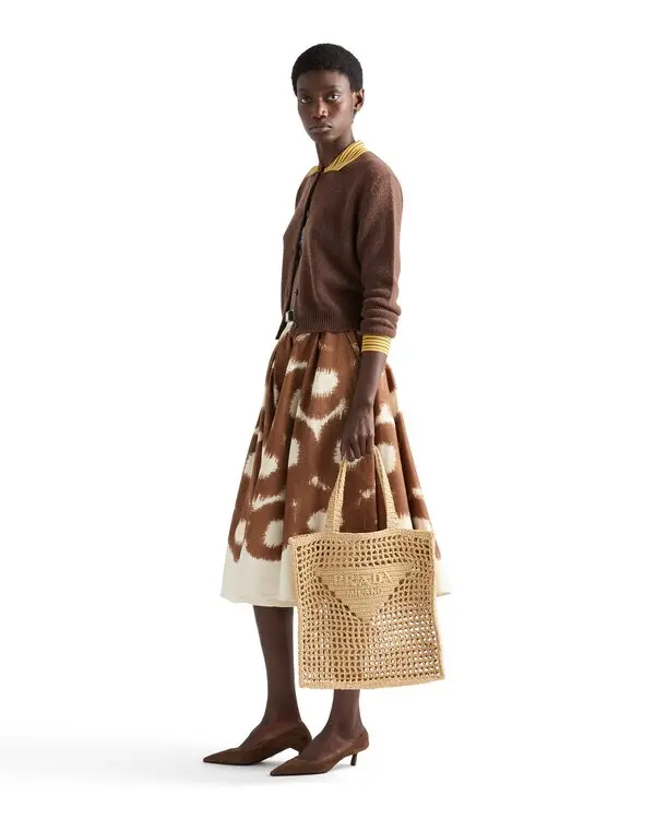 Prada Crochet Tote Bag With Embroidered Logo - Tan