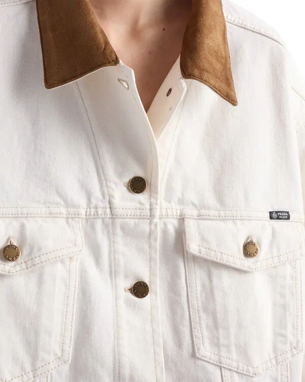 Prada Washed Denim Blouson Jacket With Leather Collar