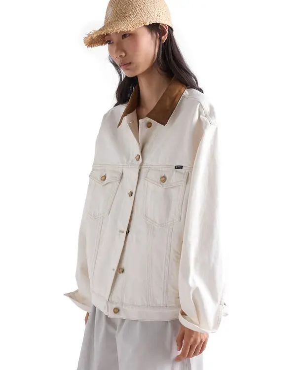 Prada Washed Denim Blouson Jacket With Leather Collar