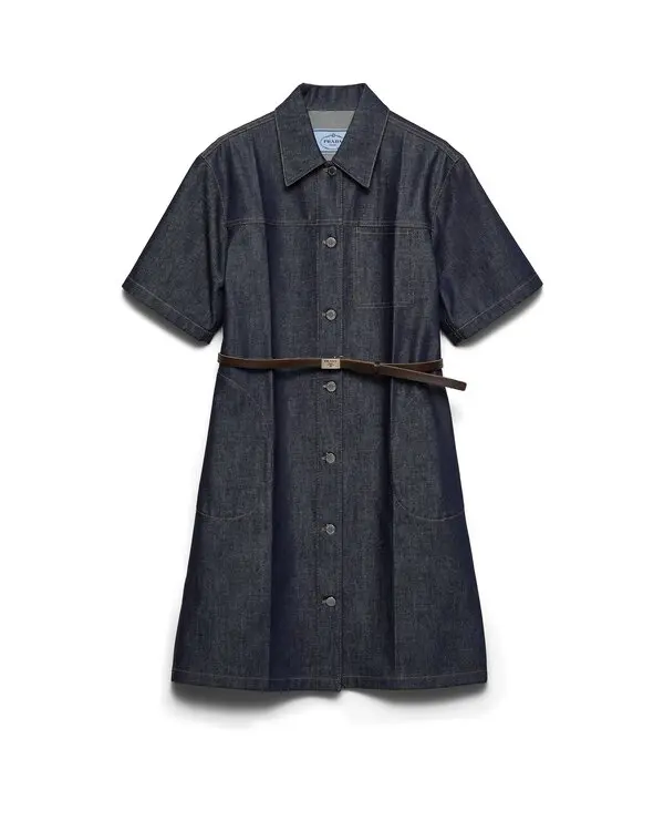 Prada Belted Denim Shirt Dress - Navy