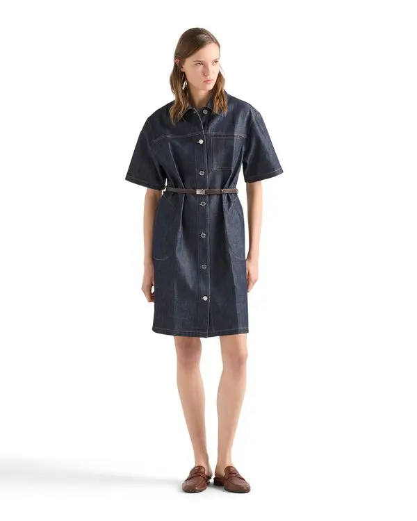 Prada Belted Denim Shirt Dress - Navy