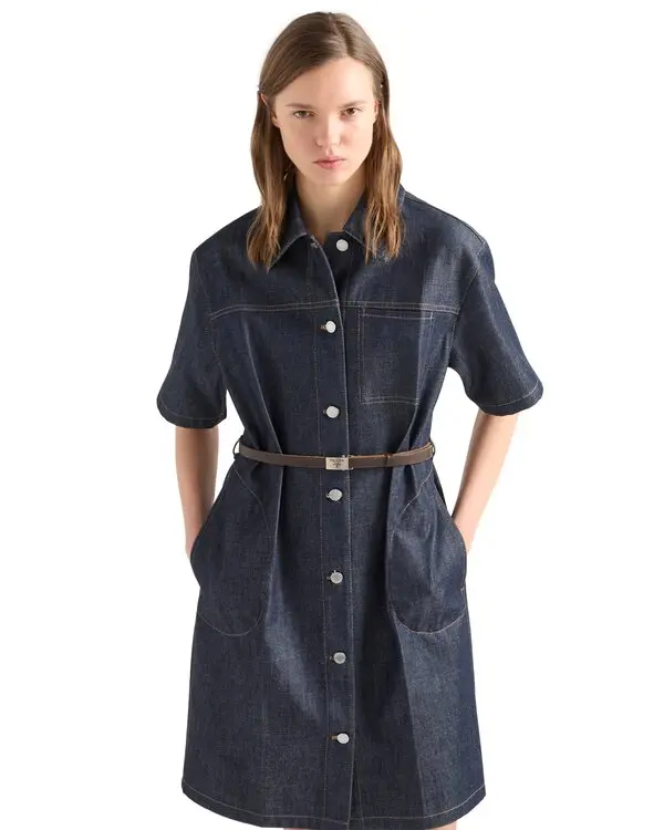 Prada Belted Denim Shirt Dress - Navy