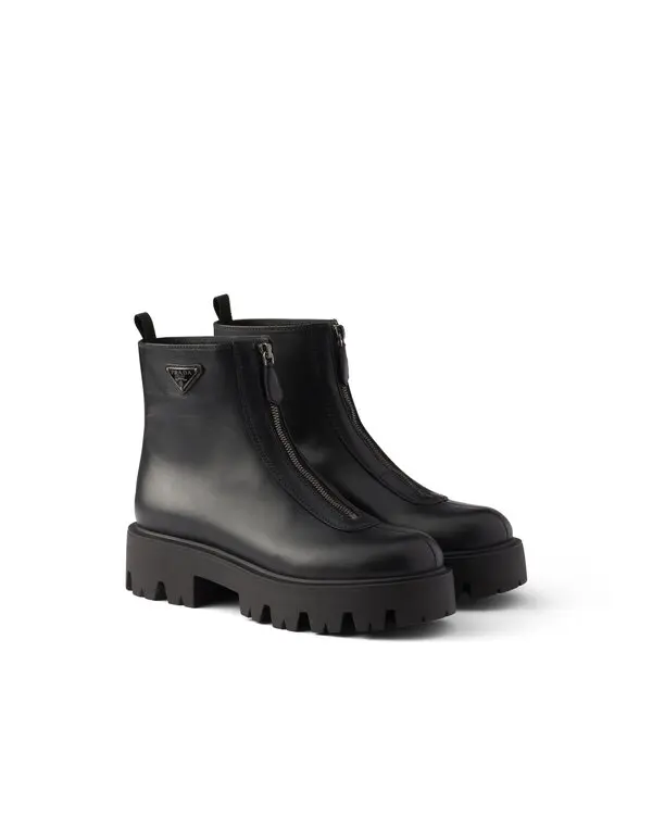 Prada Leather Zipper Booties - Black