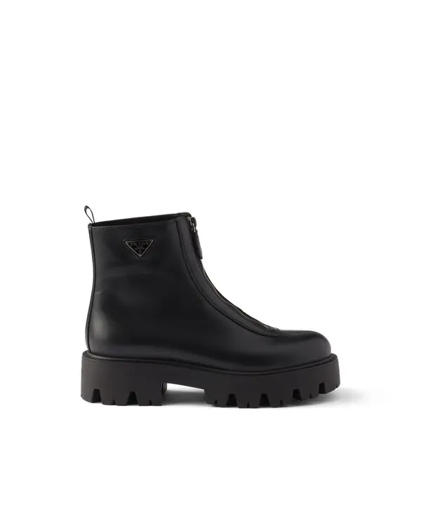 Prada Leather Zipper Booties - Black