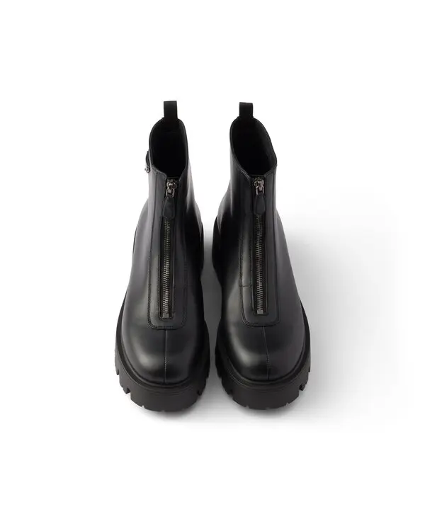 Prada Leather Zipper Booties - Black