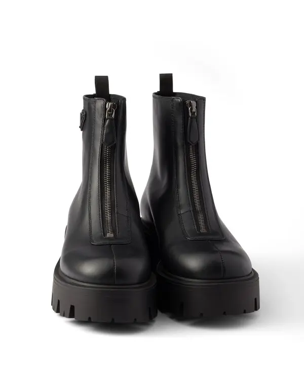 Prada Leather Zipper Booties - Black