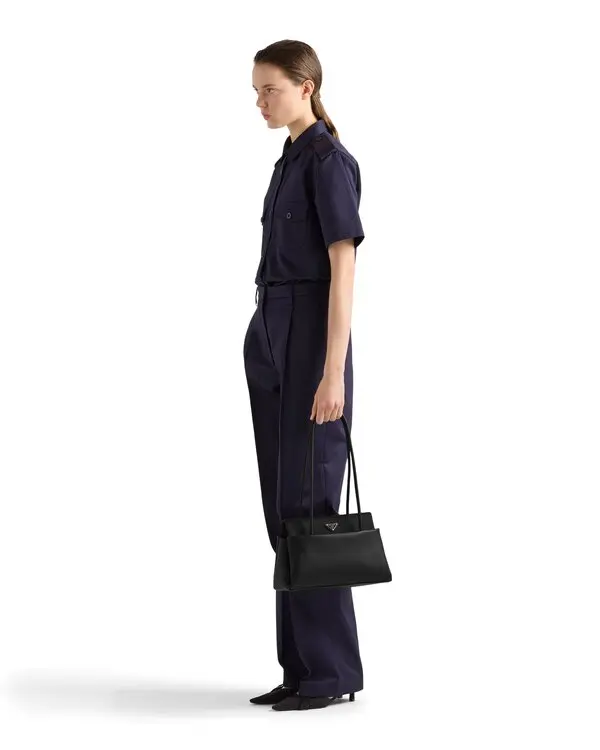 Prada Medium Leather Bag With Re-nylon Flap - Black