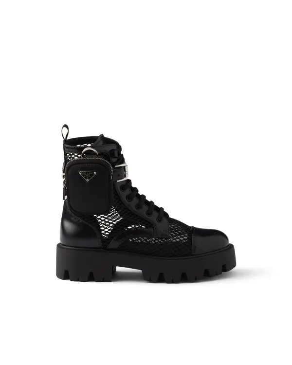 Prada Mesh And Brushed Leather Lace-up Booties With Removable Pouch