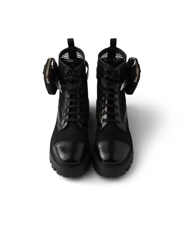 Prada Mesh And Brushed Leather Lace-up Booties With Removable Pouch