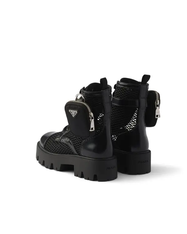 Prada Mesh And Brushed Leather Lace-up Booties With Removable Pouch