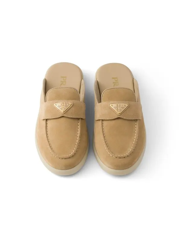 Prada Suede Mules With Enamelled Logo - Ecru