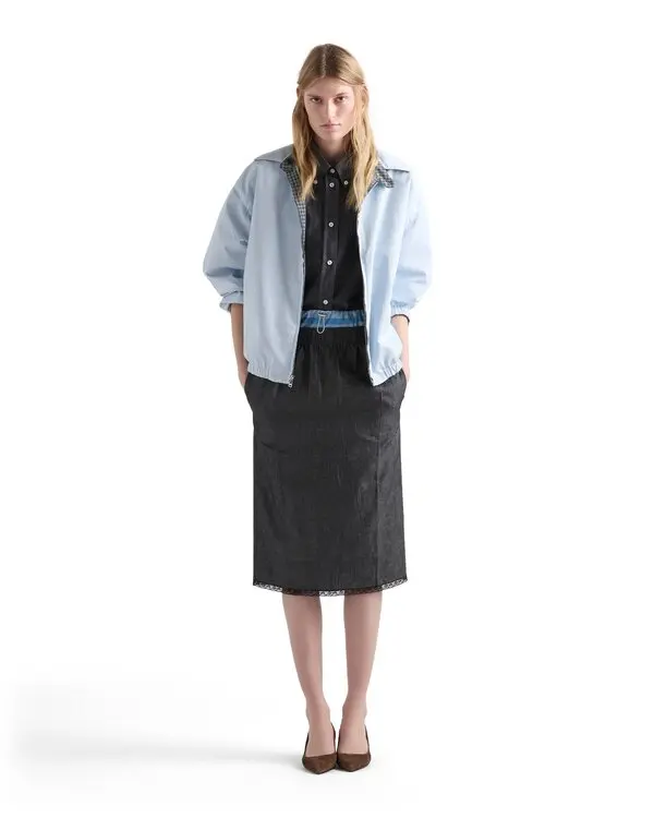 Prada Chambray Midi Skirt With Lace Trim - Navy