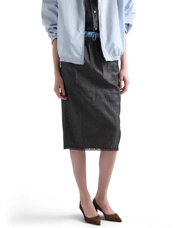 Prada Chambray Midi Skirt With Lace Trim - Navy