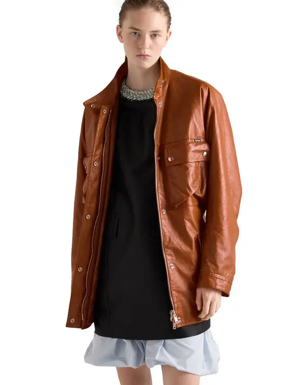 Prada Antiqued Leather Caban Jacket - Brandy