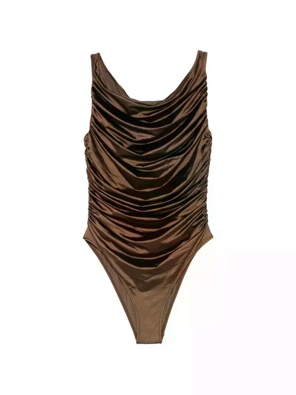 VENUJA Ruched Cowl Neck Sleeveless Swimsuit - Brown