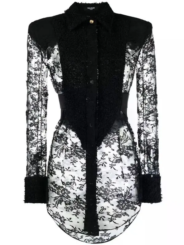 Balmain Cotton-silk Blend Lace And Tweed Shirt - Black