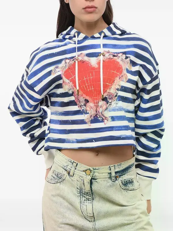 Balmain Heart Print Striped Hoodie - Blue