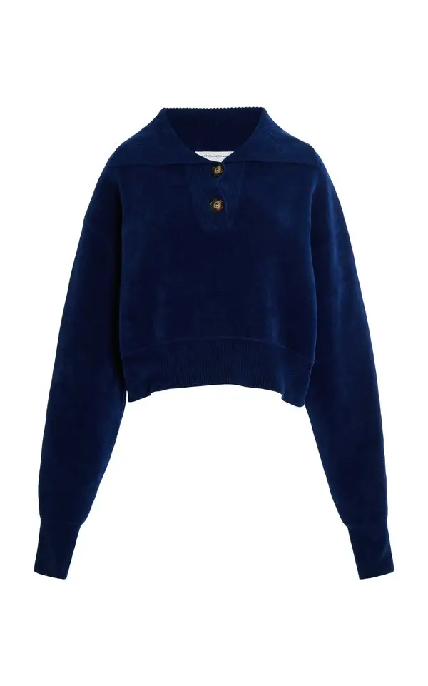 Victoria Beckham Collared Cropped Cotton Sweater - Navy