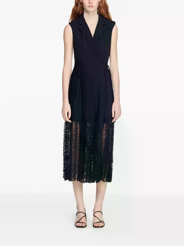 Sandro Pleated Lace Wrap Midi Dress