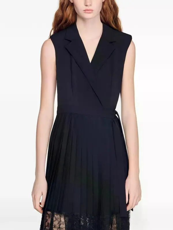 Sandro Pleated Lace Wrap Midi Dress