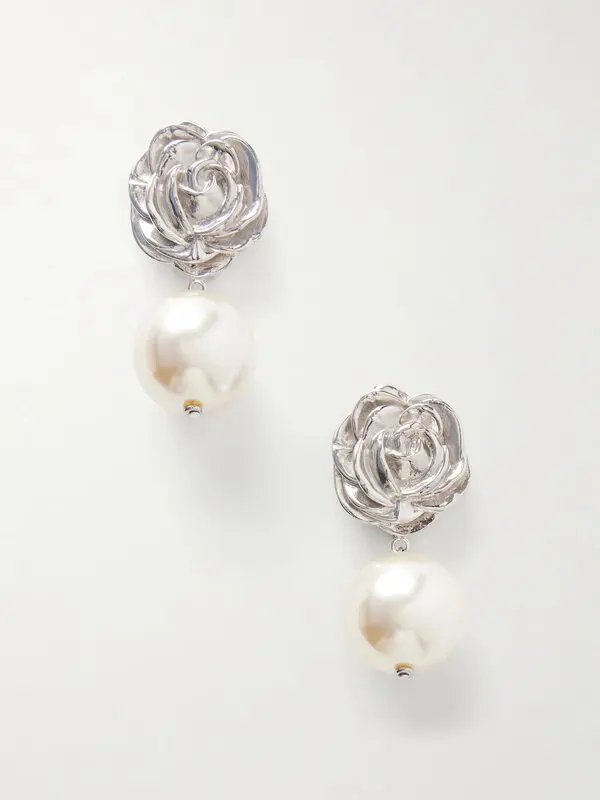 Magda Butrym Rose Motif Pearl Drop Earrings - Silver
