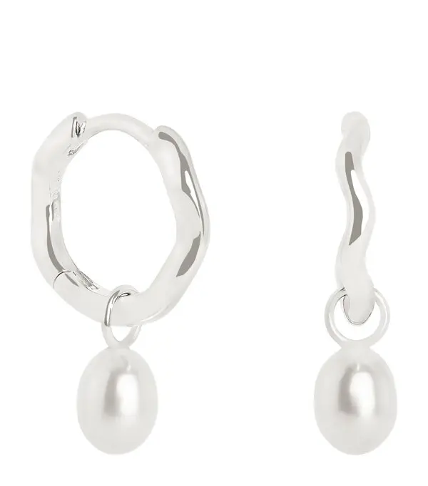 ASTRID & MIYU White Gold And Pearl Wave Huggie Earrings - Silver